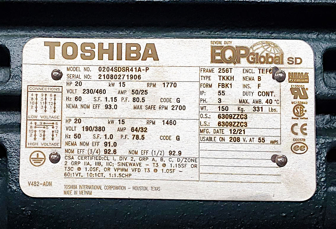 Toshiba 0204SDSR41A-P EQP Severe Duty Motor, 20 HP 1770 RPM 256T TEFC ...